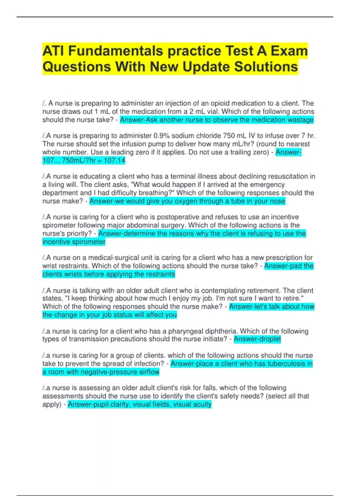 ATI Fundamentals practice Test A Exam Questions With New Update ...