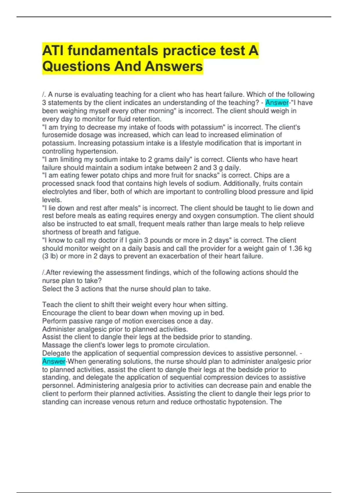 ATI fundamentals practice test A Questions And Answers - ATI ...