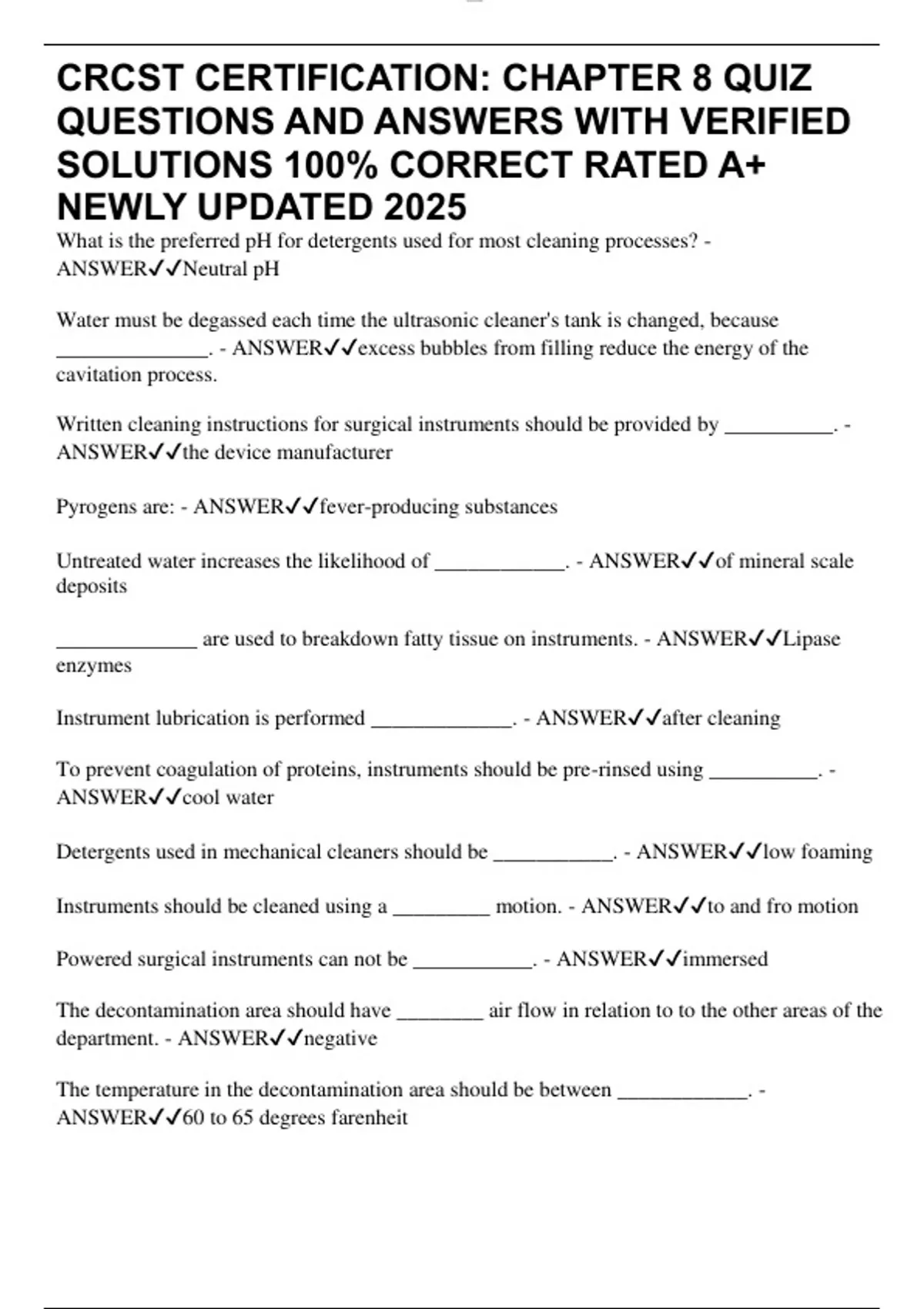 CRCST CERTIFICATION: CHAPTER 8 QUIZ QUESTIONS AND ANSWERS WITH VERIFIED ...