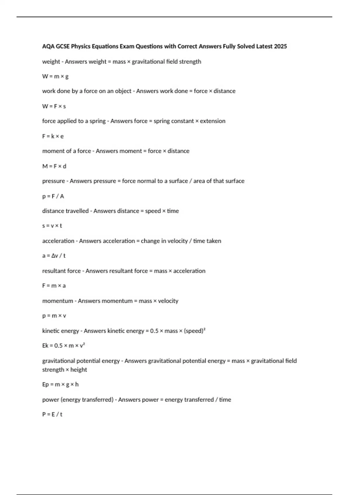 AQA GCSE Physics Equations Exam Questions with Correct Answers Fully ...
