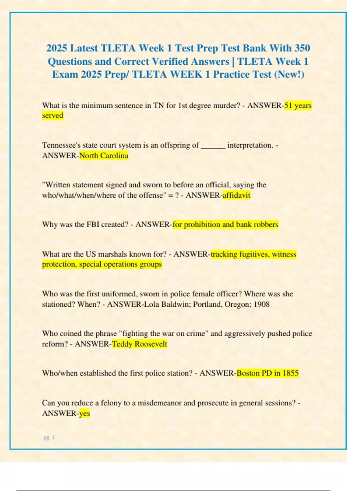 2025 Latest TLETA Week 1 Test Prep Test Bank With 350 Questions and ...
