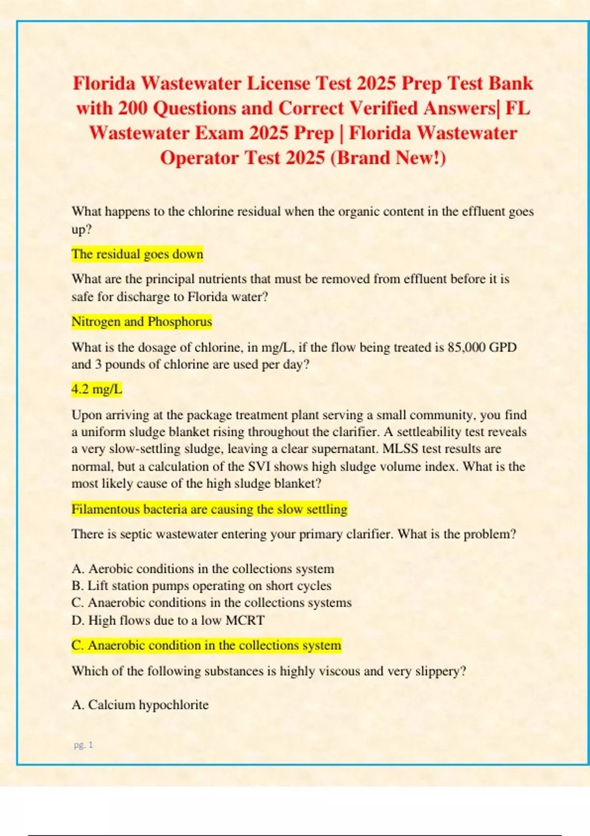 Florida Wastewater License Test 2025 Prep Test Bank with 200 Questions ...