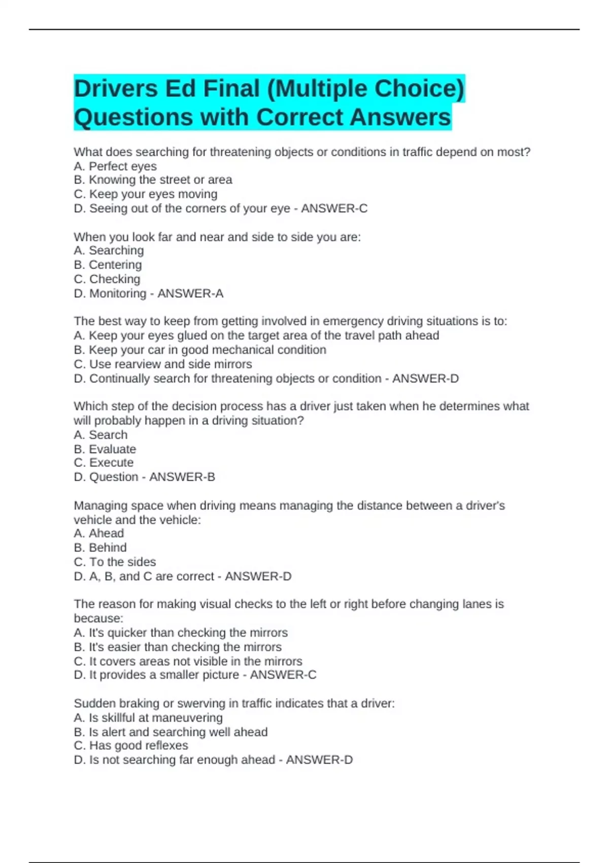 Drivers Ed Final (Multiple Choice) Questions with Correct Answers - Drivers ed - Stuvia US