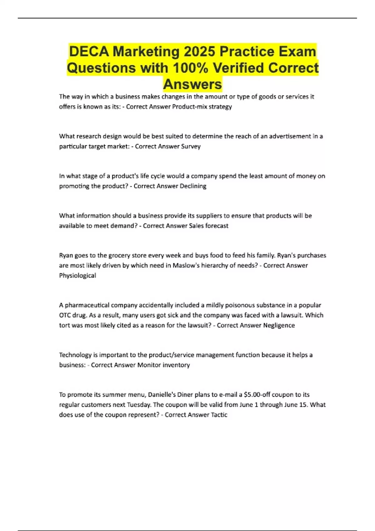DECA Marketing 2025 Practice Exam Questions with 100% Verified Correct ...