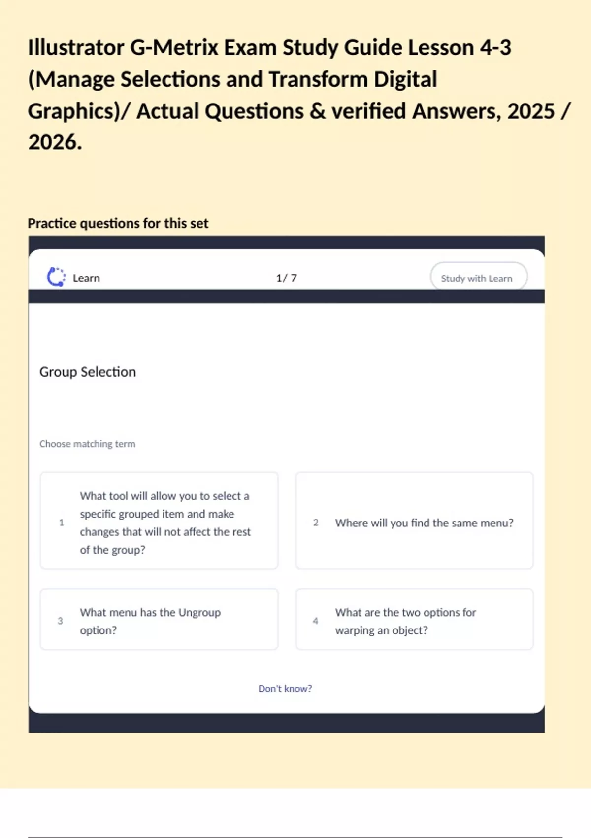 Illustrator G-Metrix Exam Study Guide Lesson 4-3 (Manage Selections and Transform Digital ...