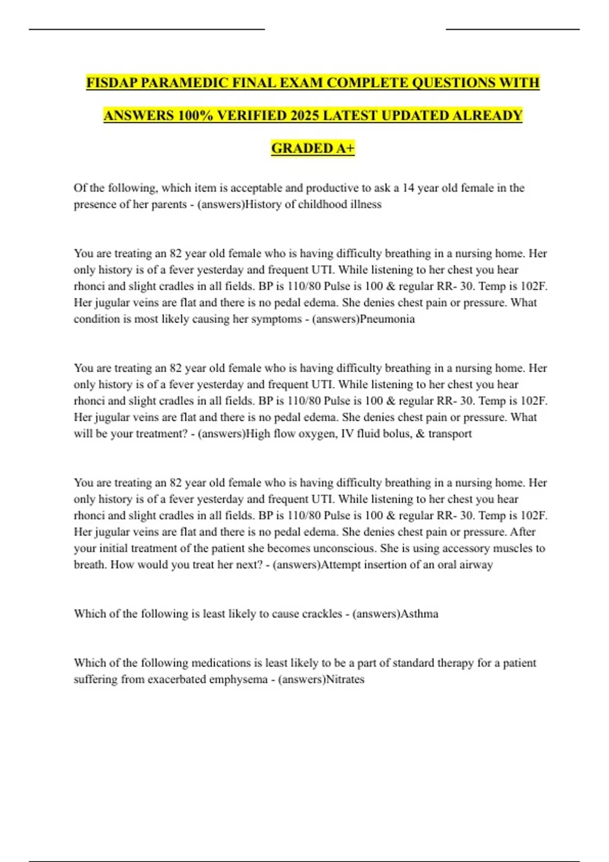 FISDAP PARAMEDIC FINAL EXAM COMPLETE QUESTIONS WITH ANSWERS 100% ...