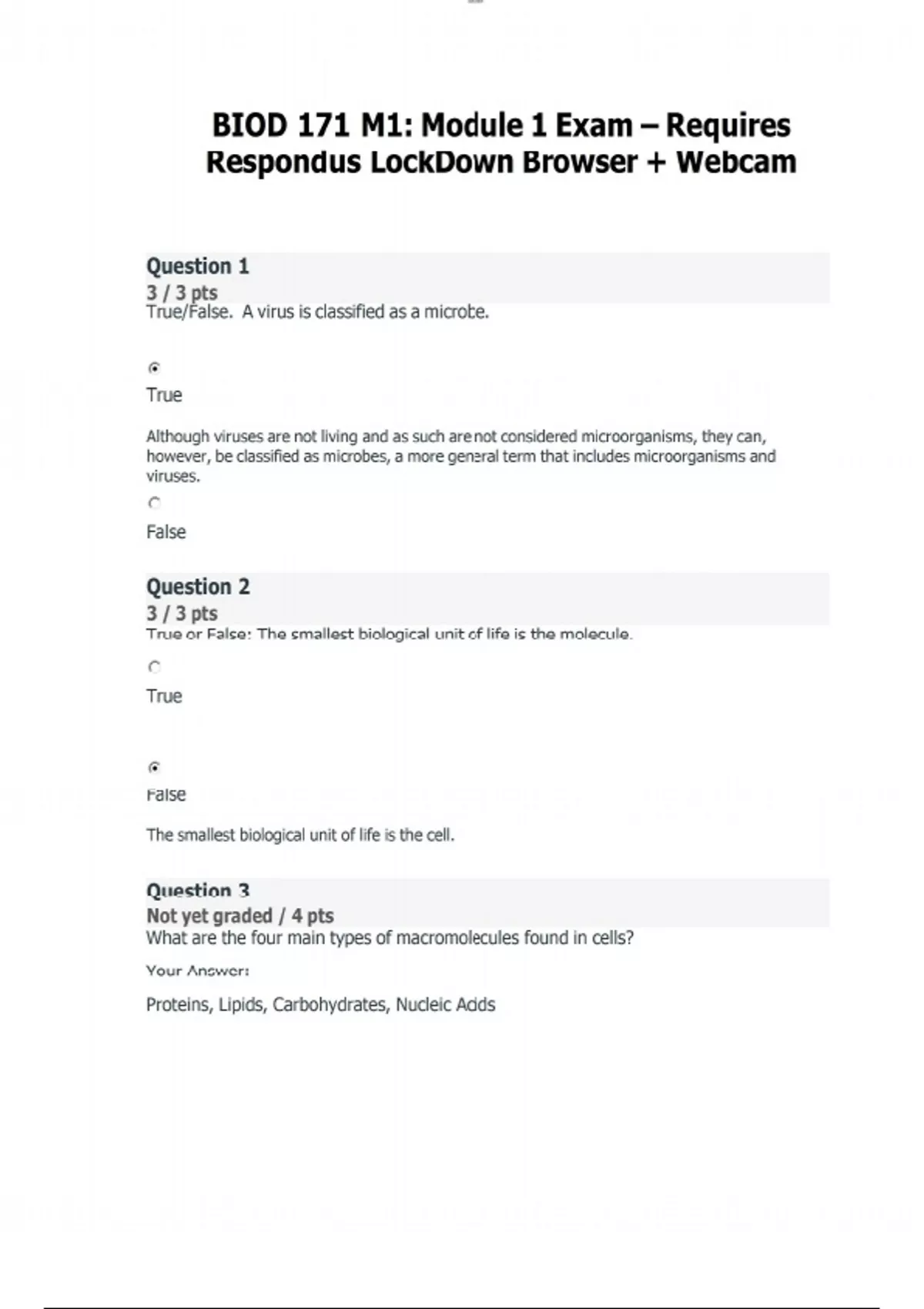 BIOD 171 M1: Module 1 Exam – Requires Respondus LockDown Browser + Webcam - BIOD 171 (BIOD171 ...