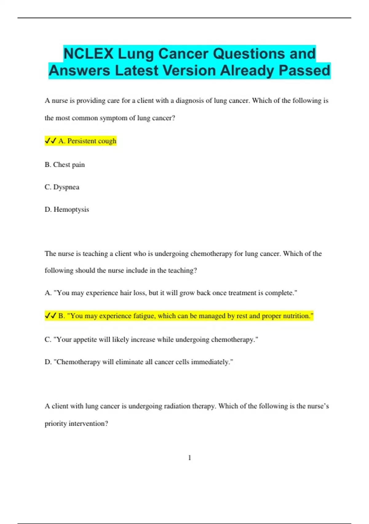 Lung Cancer Bundled Exams Questions and Answers Multiple Versions ...
