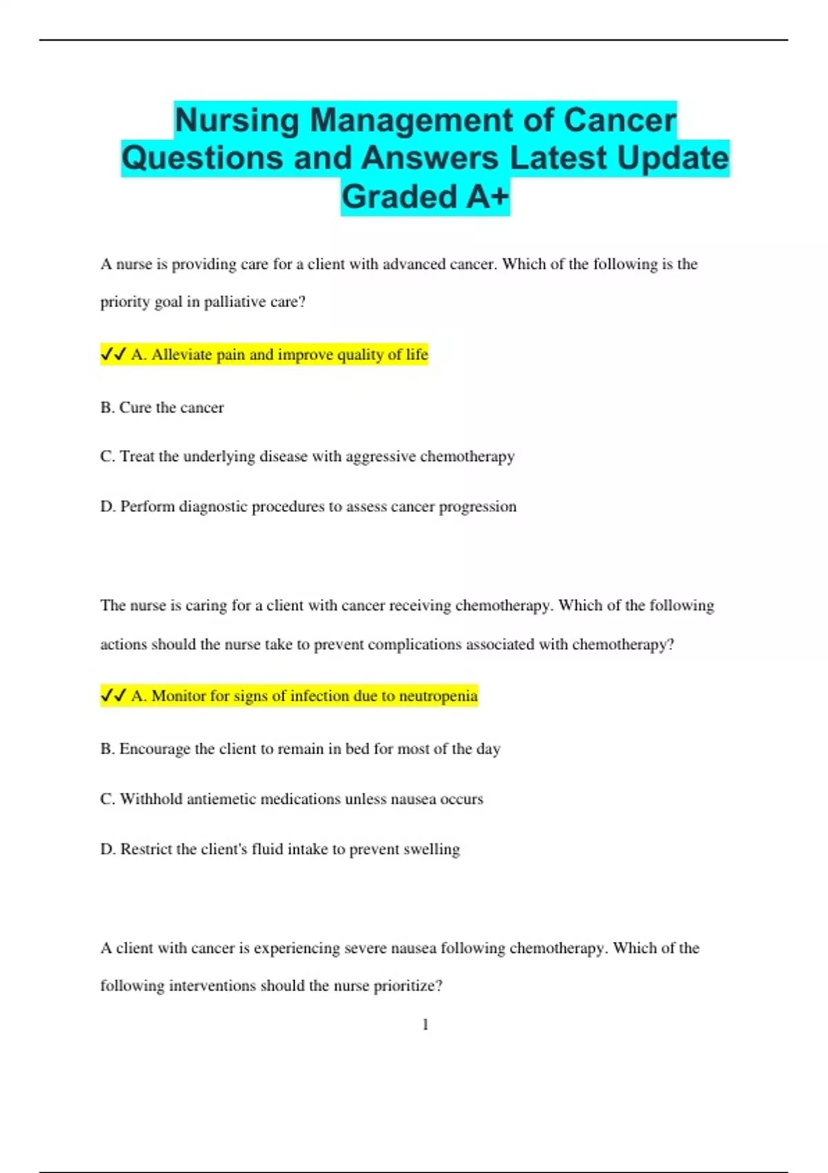 Nursing Management of Cancer Questions and Answers Latest Update Graded ...