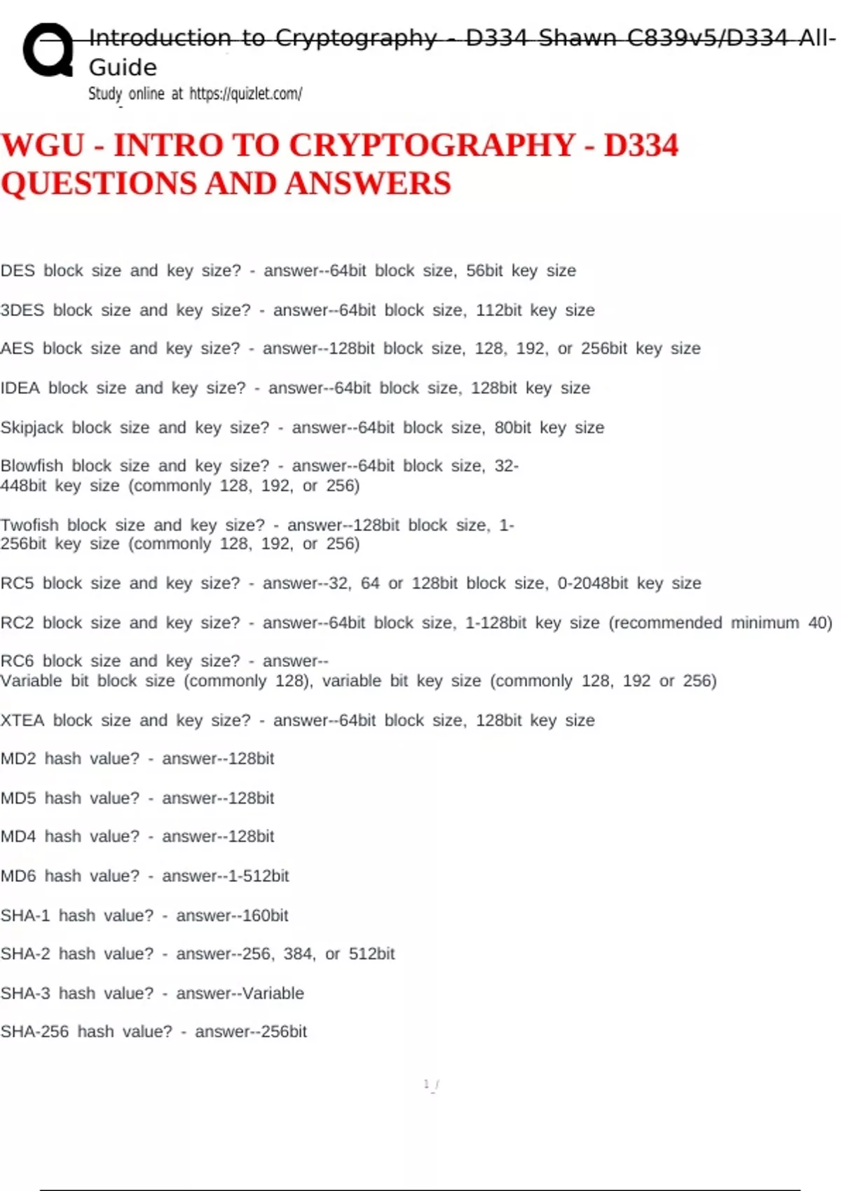 WGU - INTRO TO CRYPTOGRAPHY - D334 QUESTIONS AND ANSWERS - D334 Introduction to Cryptography WGU ...