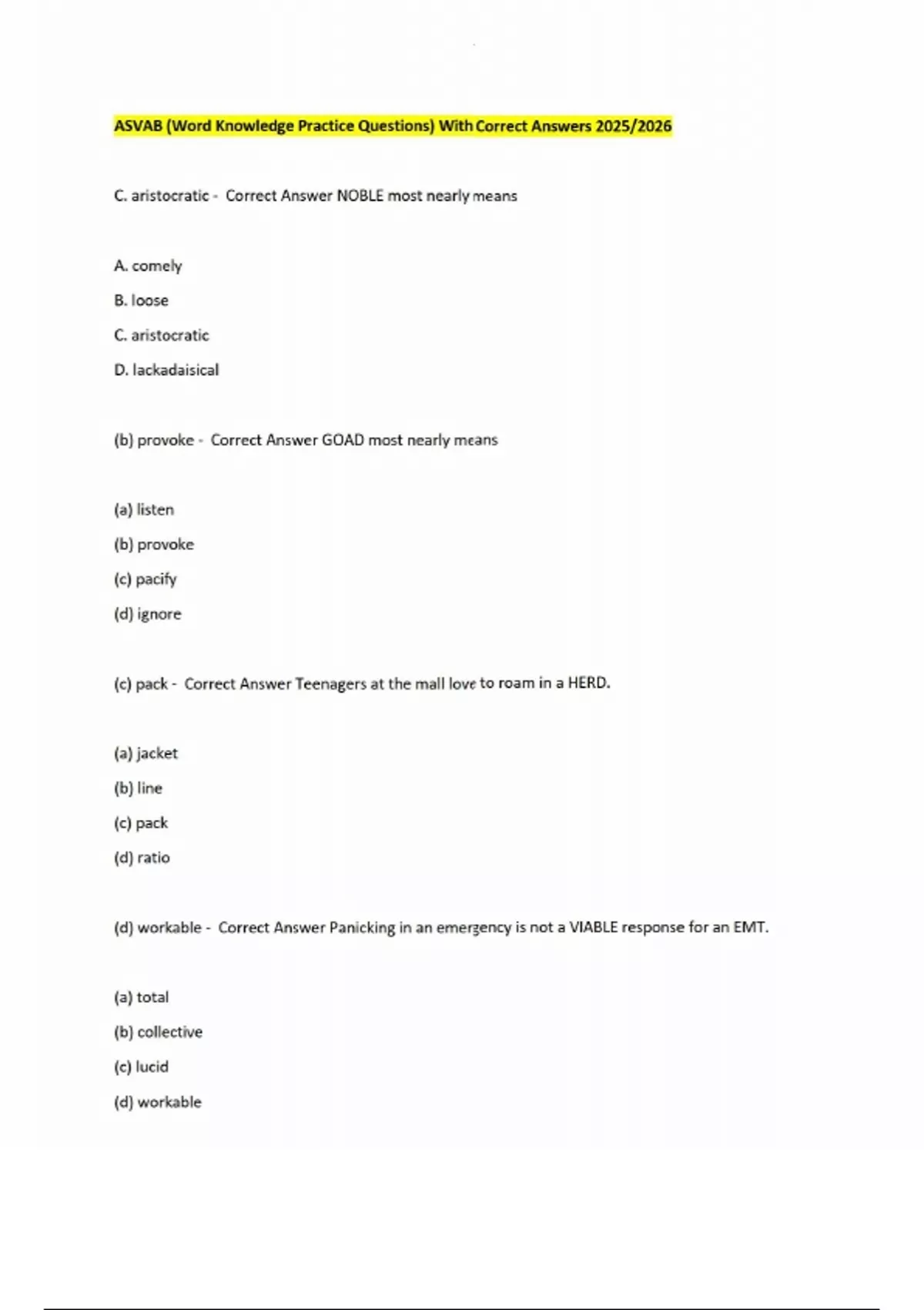 ASVAB (Word Knowledge Practice Questions) With Correct Answers 2025/ ...