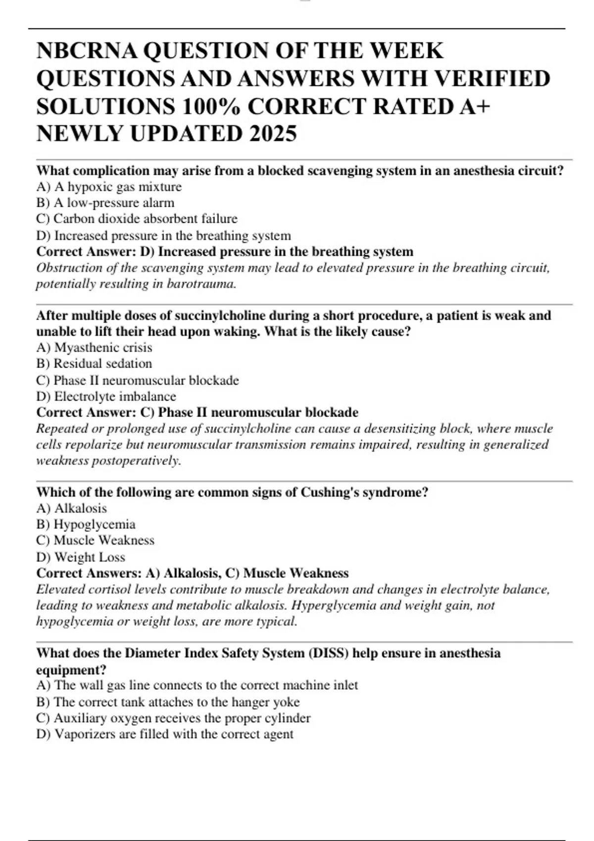 NBCRNA QUESTION OF THE WEEK QUESTIONS AND ANSWERS WITH VERIFIED ...