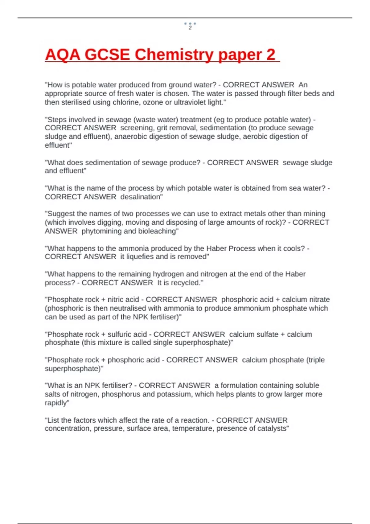 AQA GCSE Chemistry Paper 2 Revision Notes - Chemistry - Stuvia US
