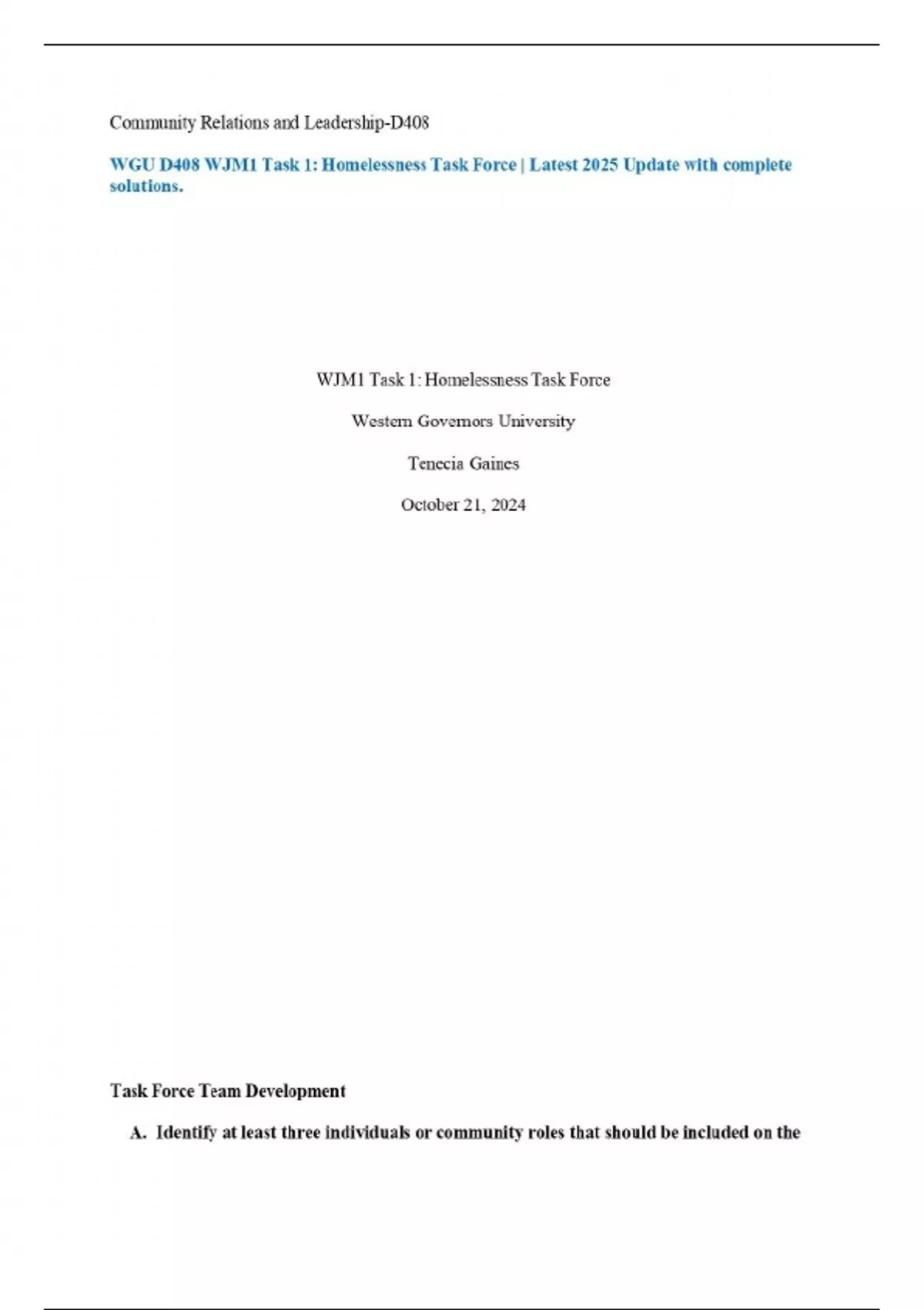 WGU D408 WJM1 Task 1: Homelessness Task Force | Latest 2025 Update with ...