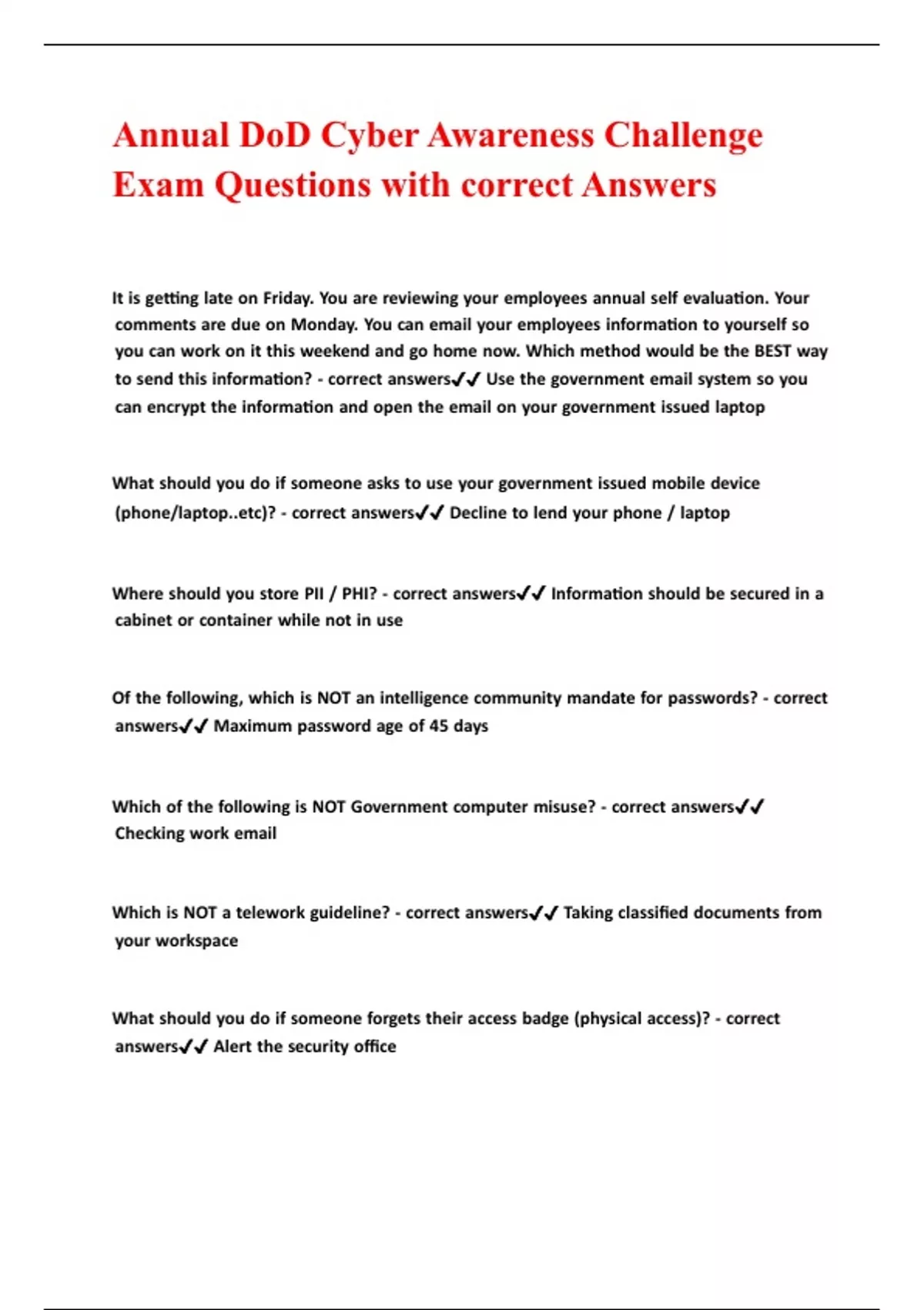 Annual DoD Cyber Awareness Challenge Exam Questions with correct ...