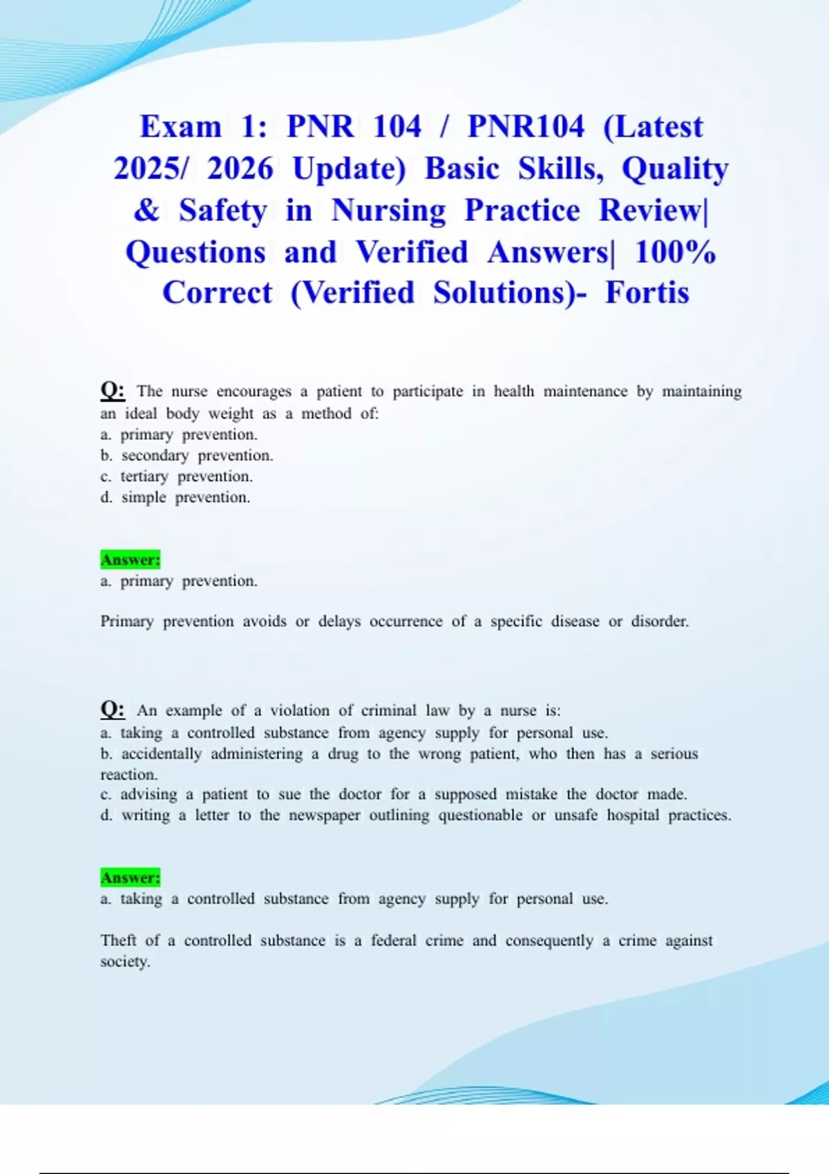 Exam 1: PNR 104 / PNR104 (Latest 2025/ 2026 Update) Basic Skills ...