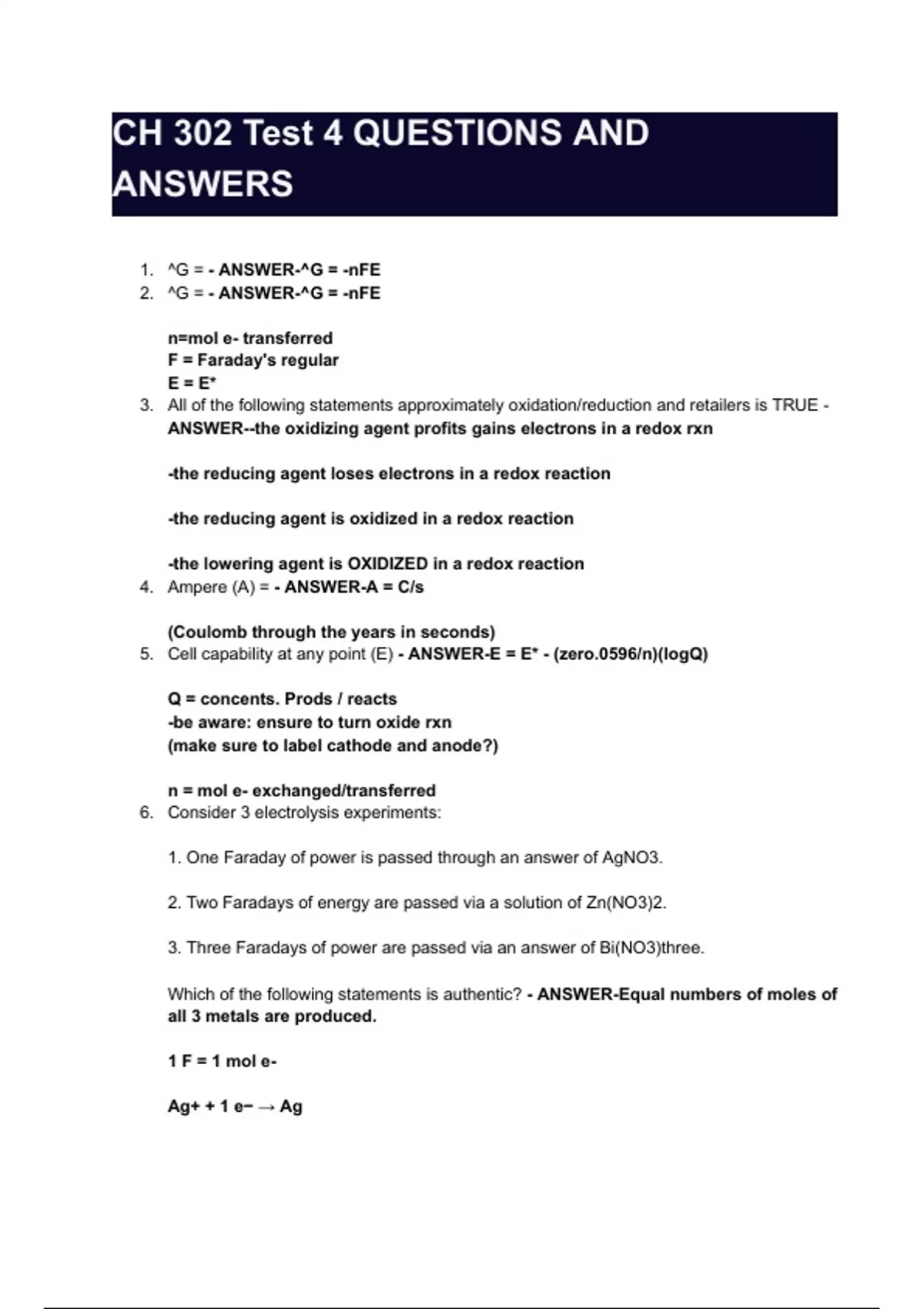 CH 302 Test 4 QUESTIONS AND ANSWERS - CH 302 - Stuvia US