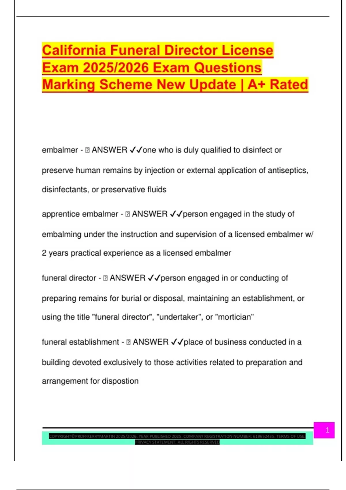 California Funeral Director License Exam 2025/2026 Exam Questions Marking Scheme New Update | A+ ...
