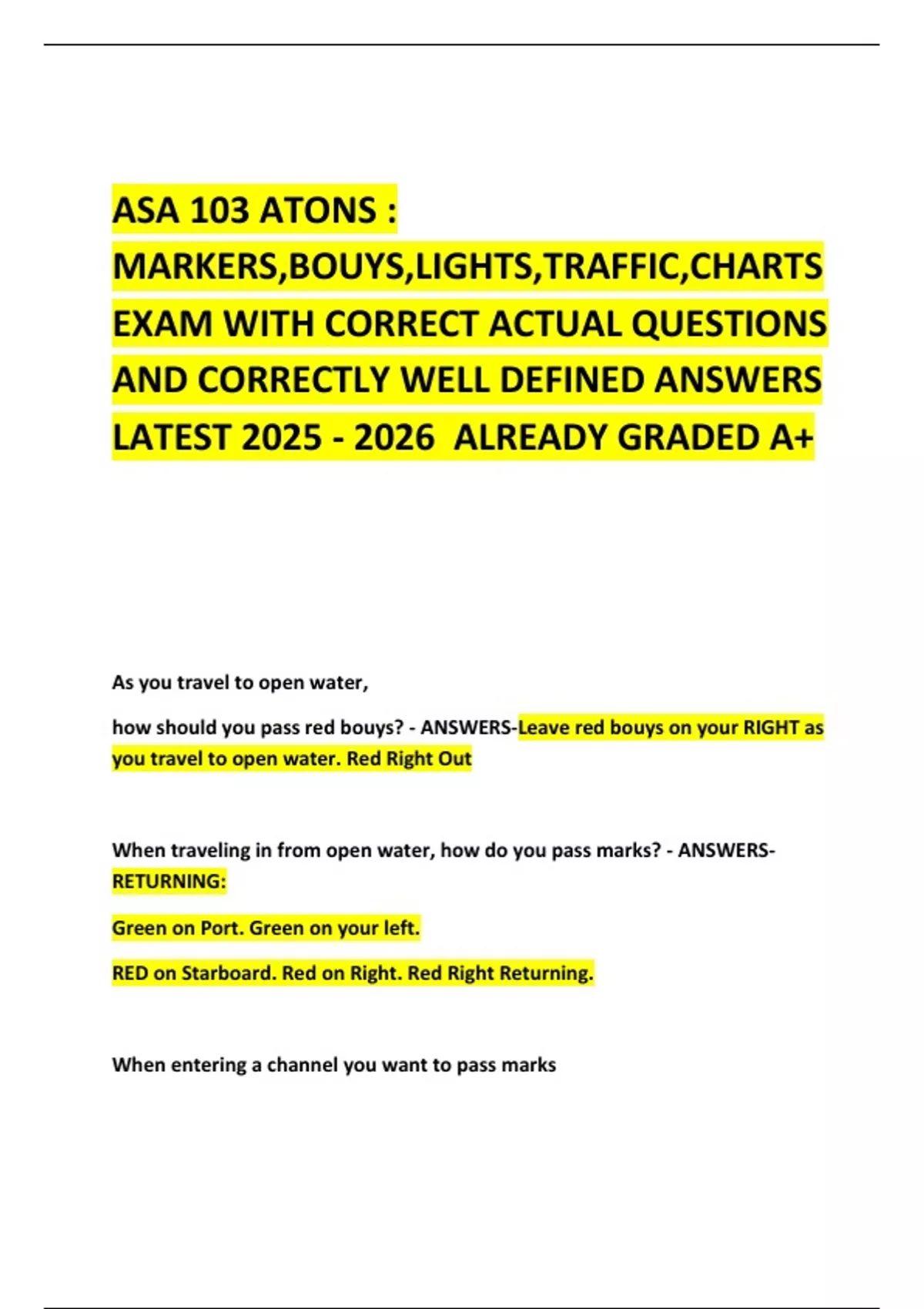ASA 103 ATONS : MARKERS,BOUYS,LIGHTS,TRAFFIC,CHARTS EXAM WITH CORRECT ...