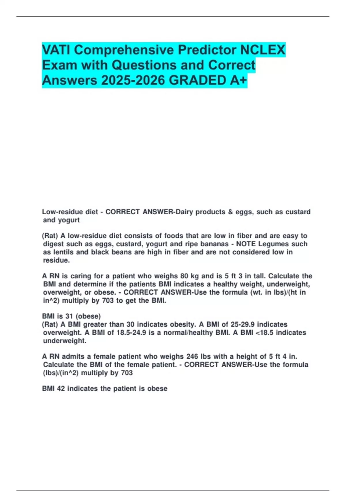 VATI Comprehensive Predictor NCLEX Exam with Questions and Correct ...