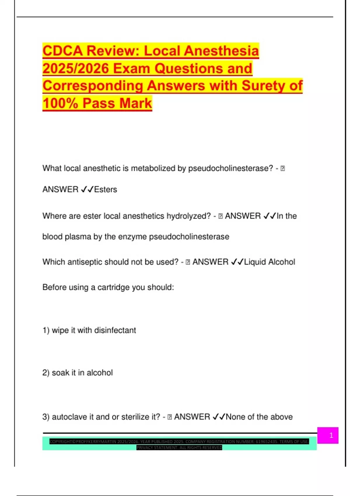 CDCA Review: Local Anesthesia 2025/2026 Exam Questions and ...