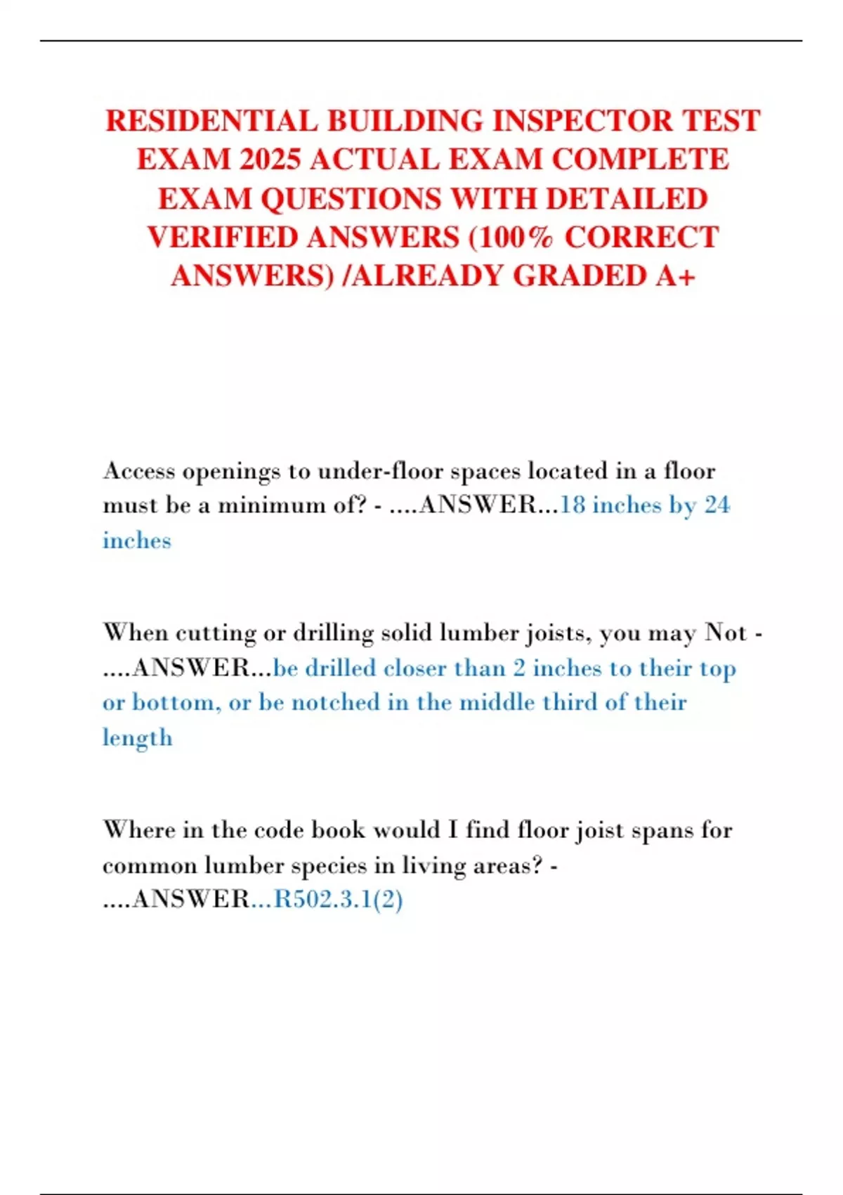 RESIDENTIAL BUILDING INSPECTOR TEST EXAM 2025 ACTUAL EXAM COMPLETE EXAM ...