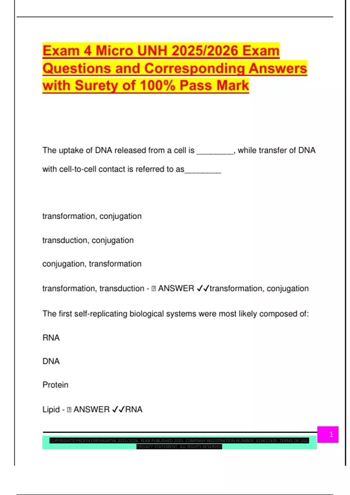 Exam 4 Micro UNH 2025/2026 Exam Questions and Corresponding Answers ...