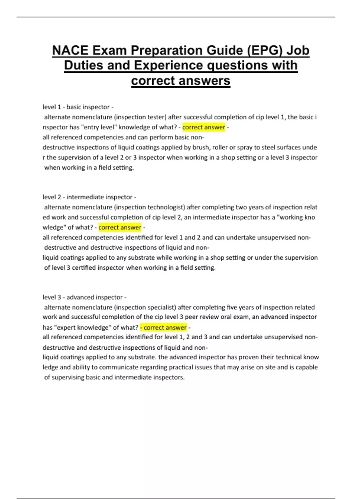 NACE Exam Preparation Guide (EPG) Job Duties and Experience questions ...