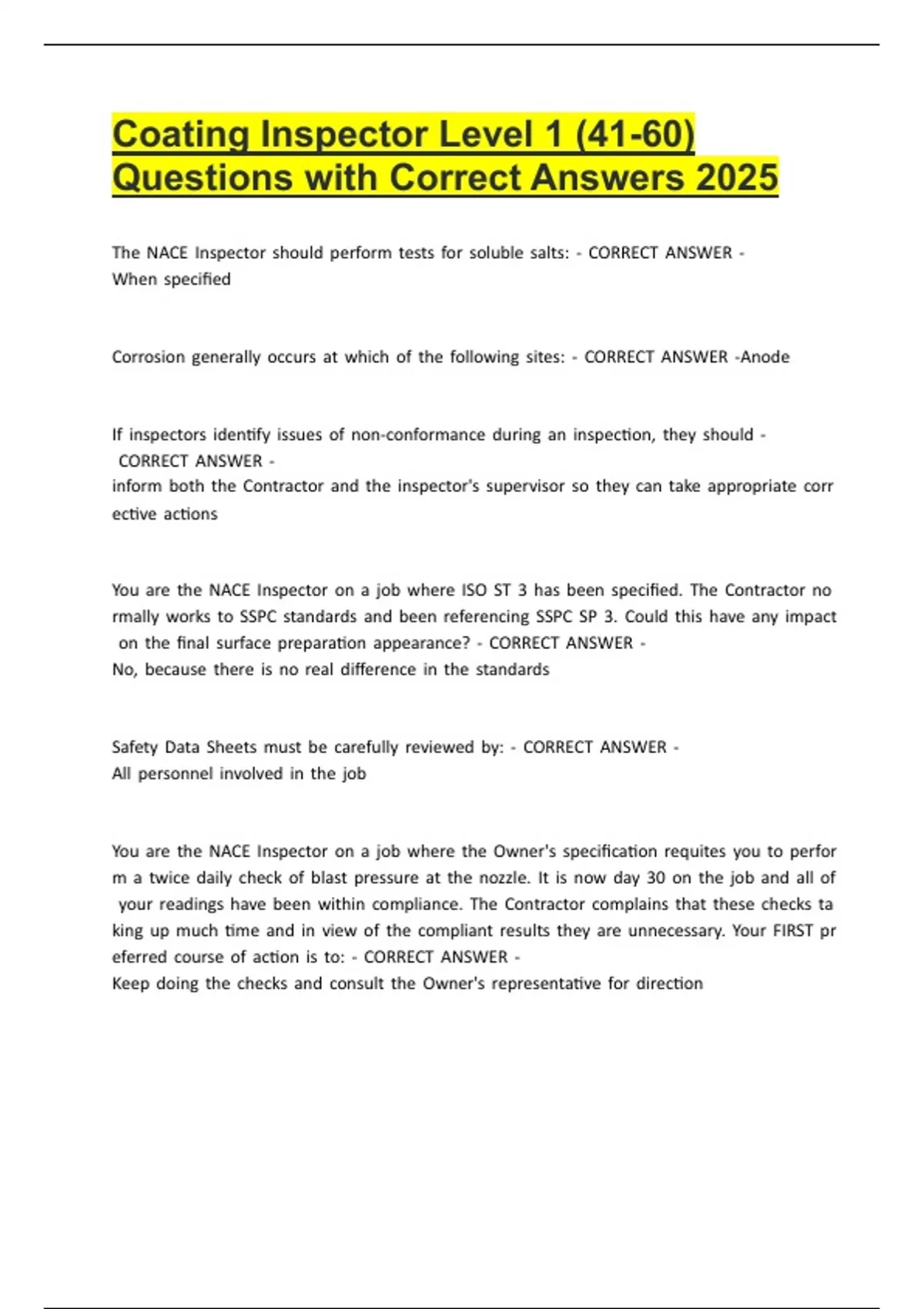 Coating Inspector Level 1 (41-60) Questions with Correct Answers 2025 ...
