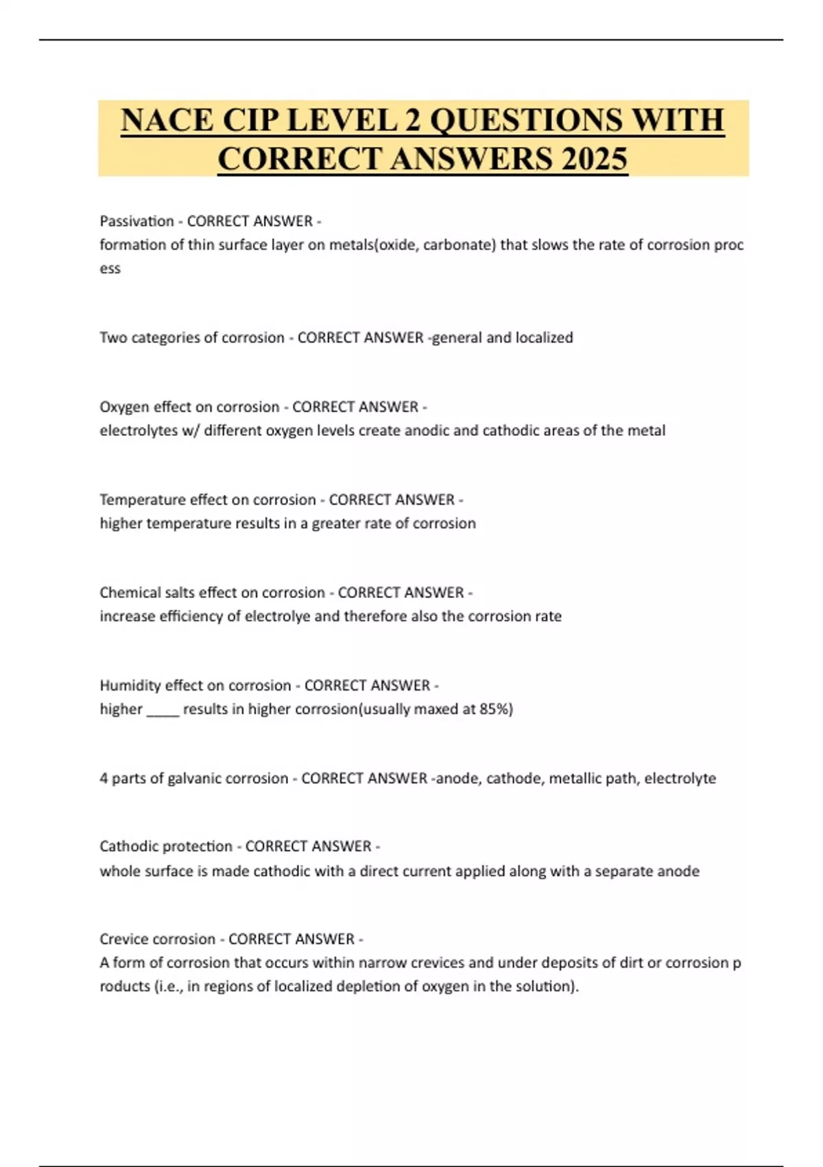 NACE CIP LEVEL 2 QUESTIONS WITH CORRECT ANSWERS 2025 - NACE CIP Level 2 ...