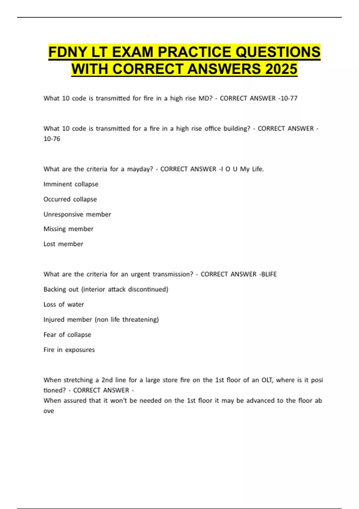FDNY LT EXAM PRACTICE QUESTIONS WITH CORRECT ANSWERS 2025 - FDNY LT ...