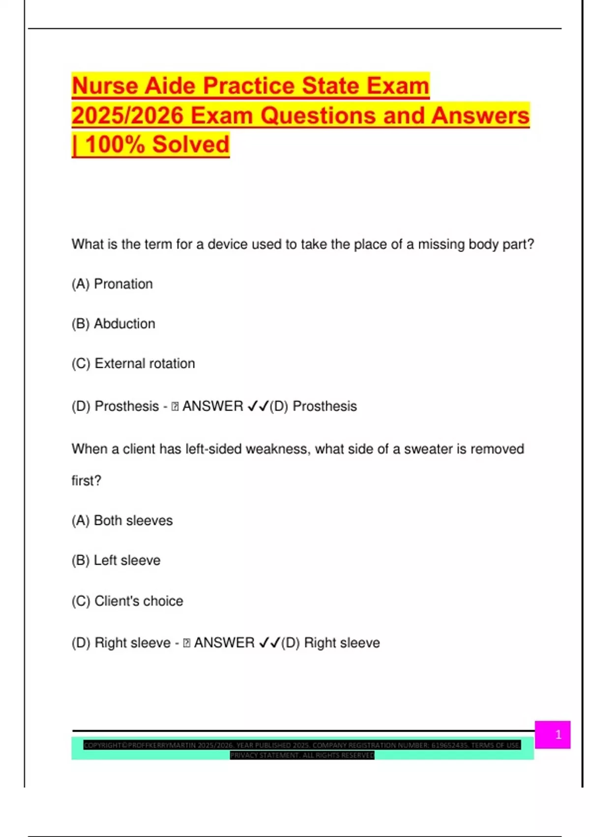 Nurse Aide Practice State Exam 2025/2026 Exam Questions and Answers ...