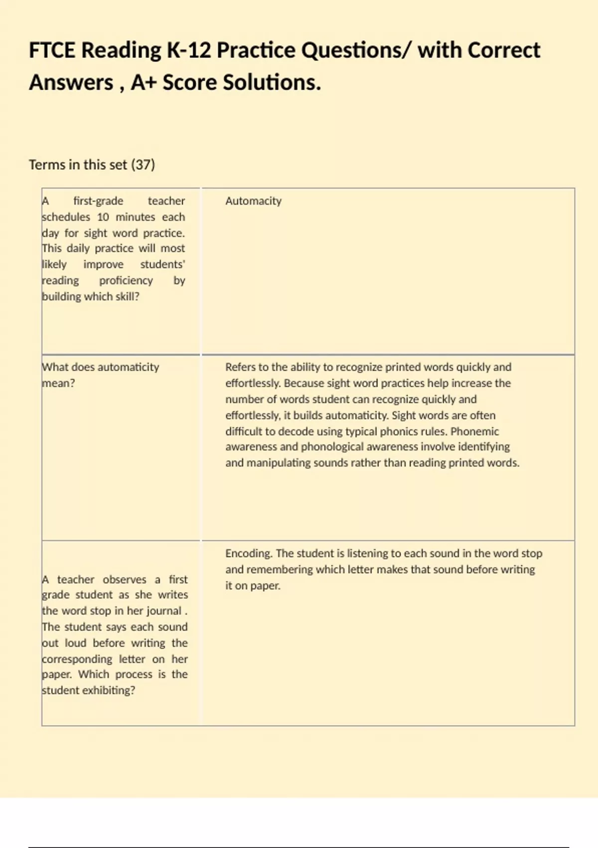FTCE Reading K-12 Practice Questions/ with Correct Answers , A+ Score ...