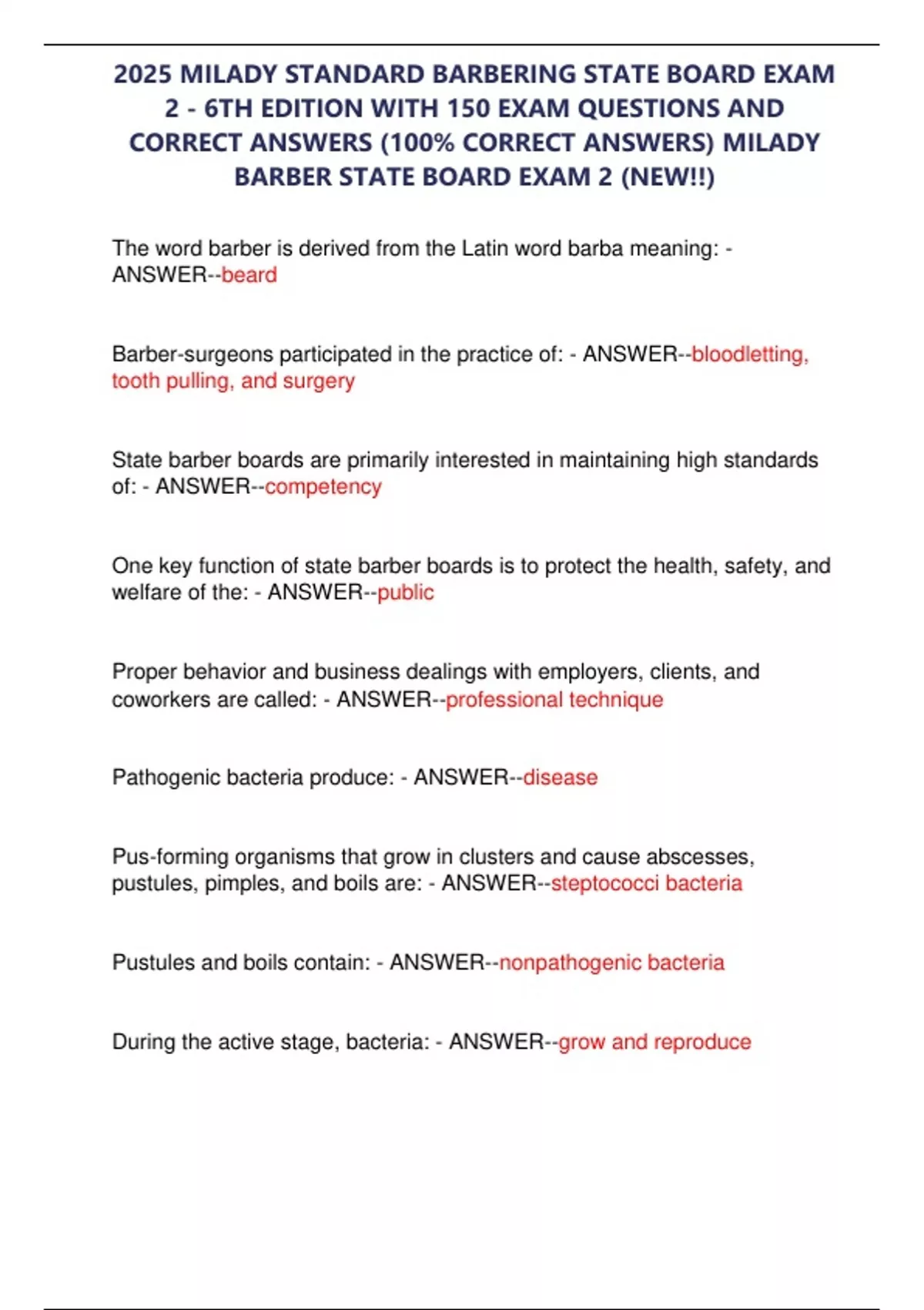 Updated 2025 Milady Standard Barbering State Board Exam prep guide ...