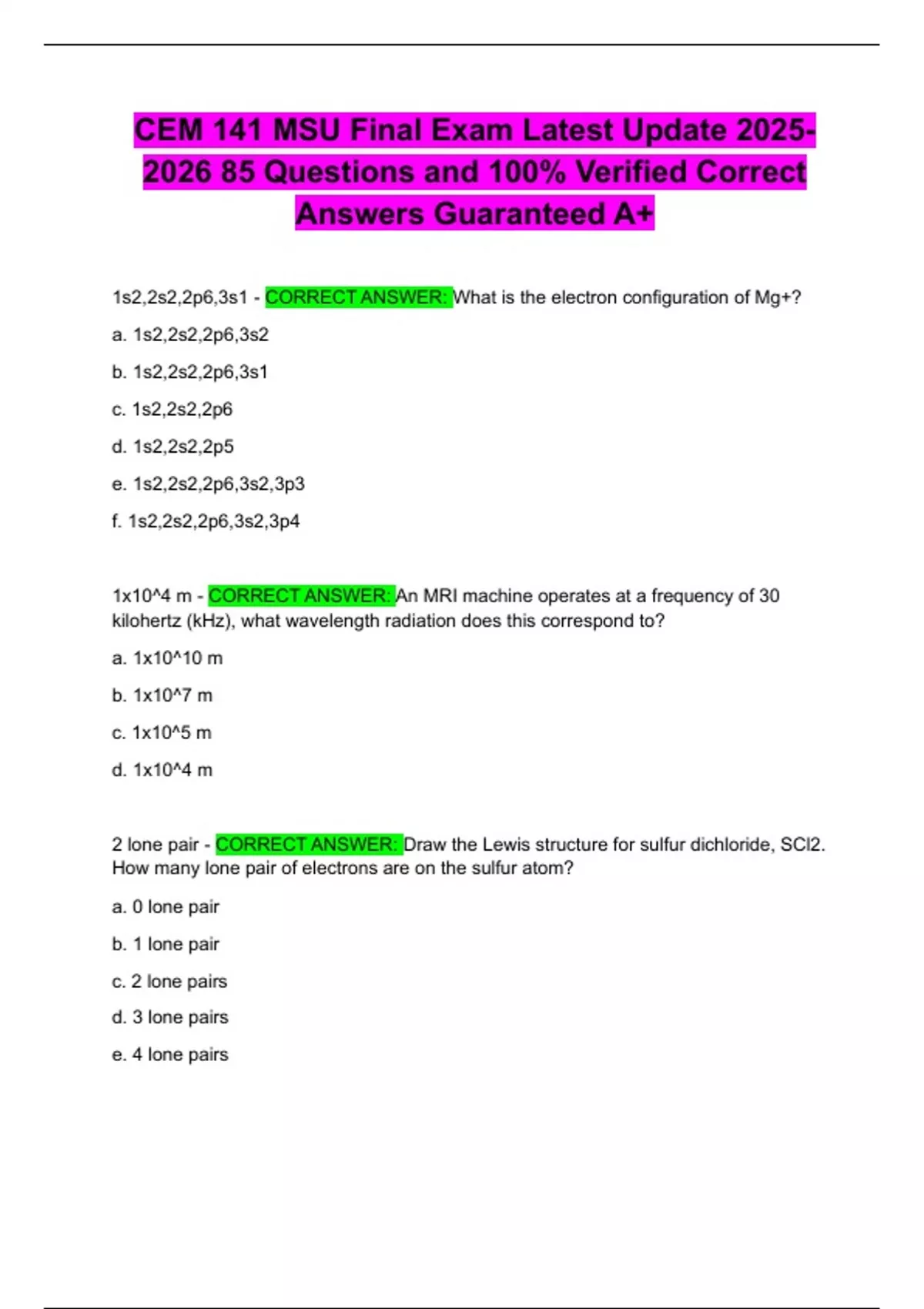 CEM 141 MSU Final Exam Latest Update Questions and 100% Verified ...