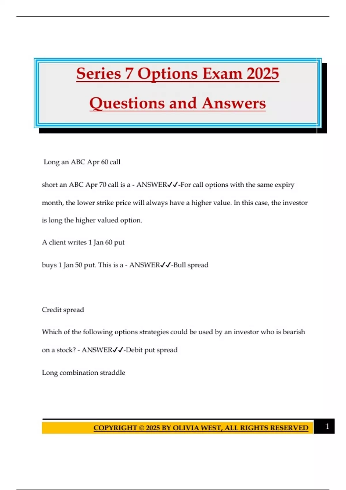 Series 7 Options Exam 2025 Questions and Answers - Series 7 - Stuvia US