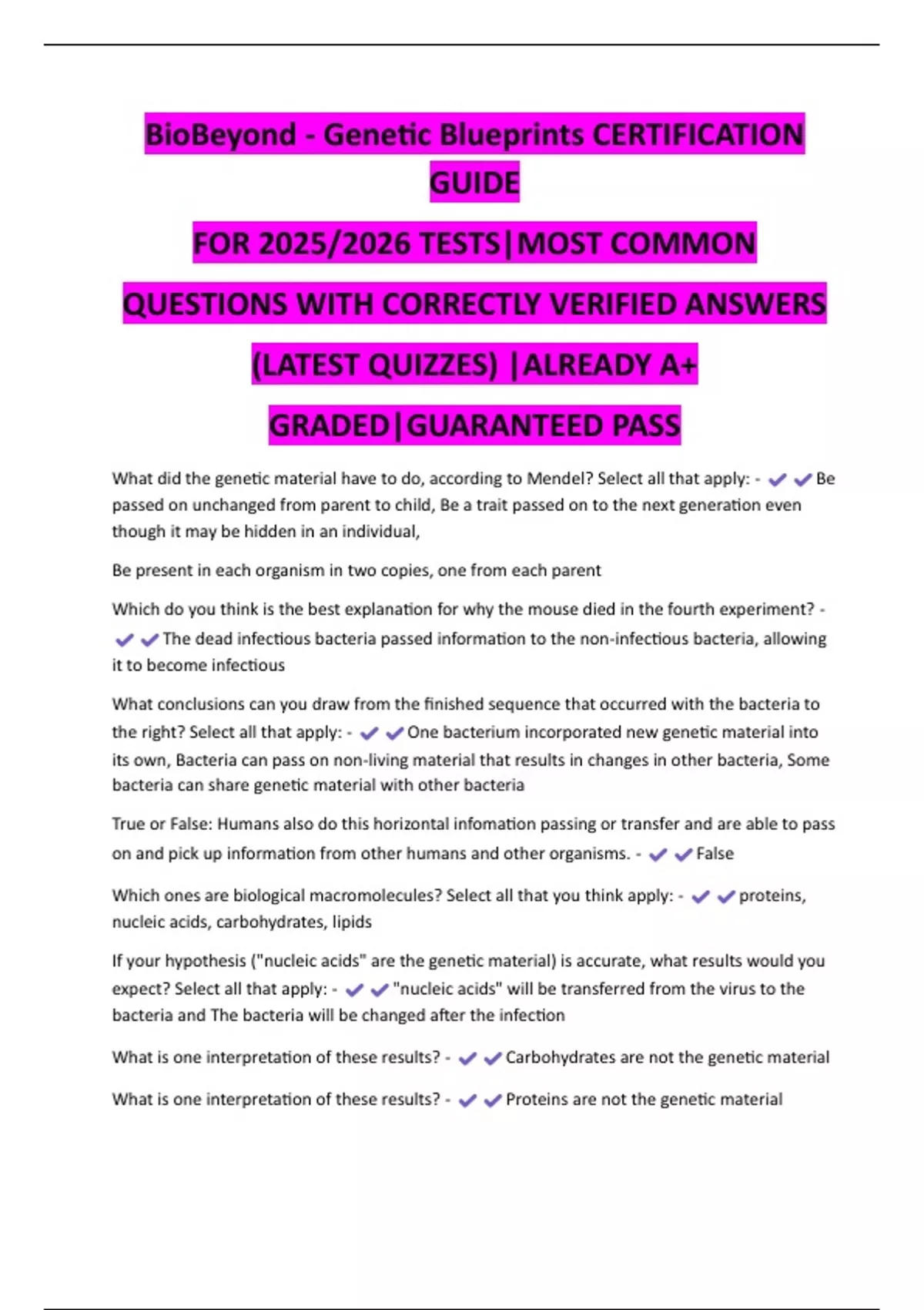 BioBeyond - Genetic Blueprints CERTIFICATION 2025 Assessment Test Bank ...