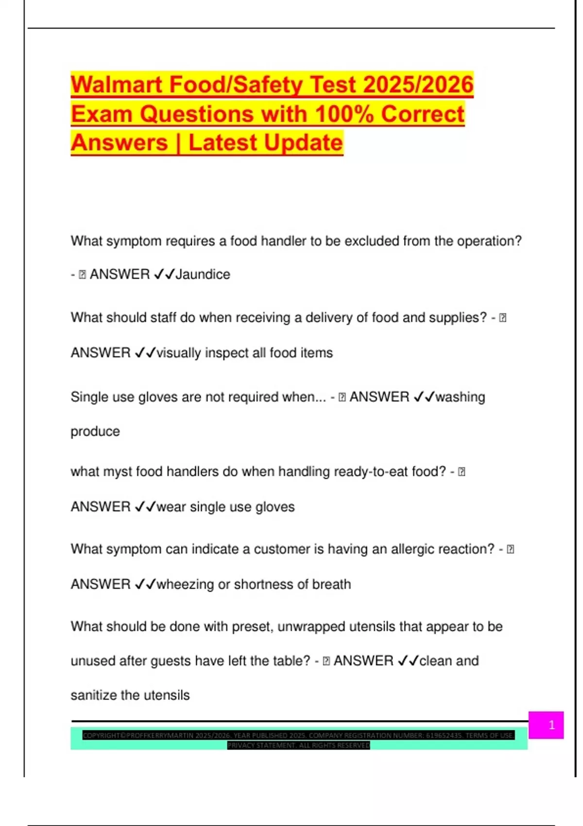 Walmart Food/Safety Test 2025/2026 Exam Questions with 100% Correct ...