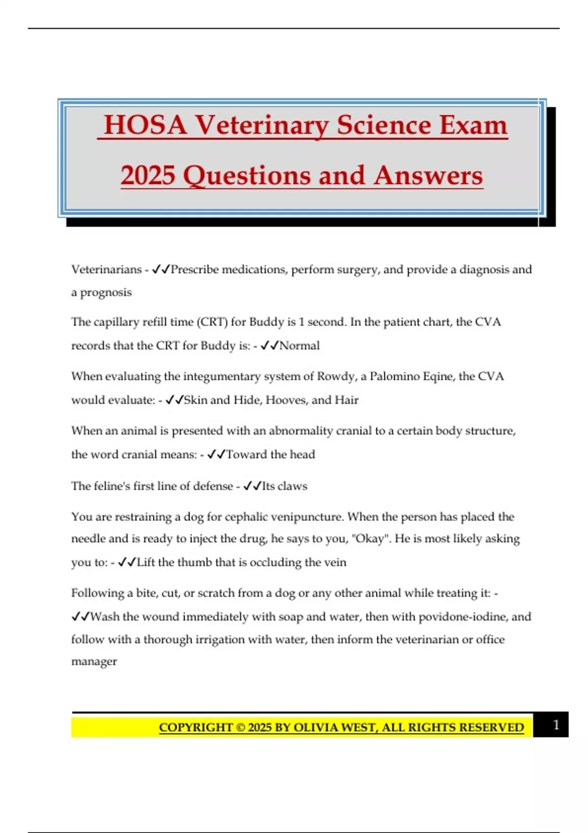 HOSA Veterinary Science Exam 2025 Questions and Answers - HOSA ...