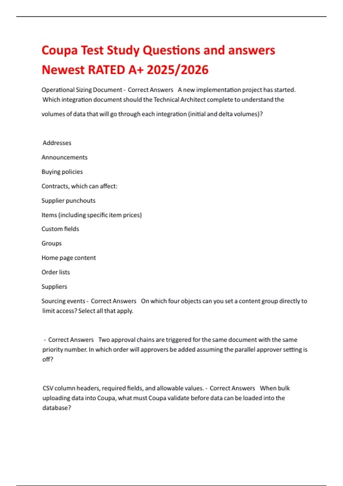 Coupa Test Study Questions and answers Newest RATED A+ 2025/2026 ...