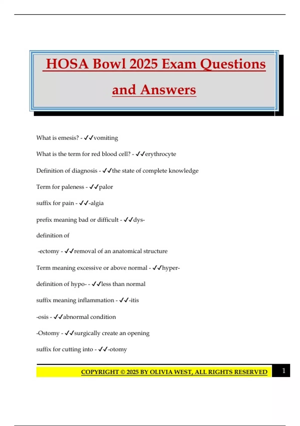 HOSA Bowl 2025 Exam Questions and Answers - HOSA Bowl - Stuvia US