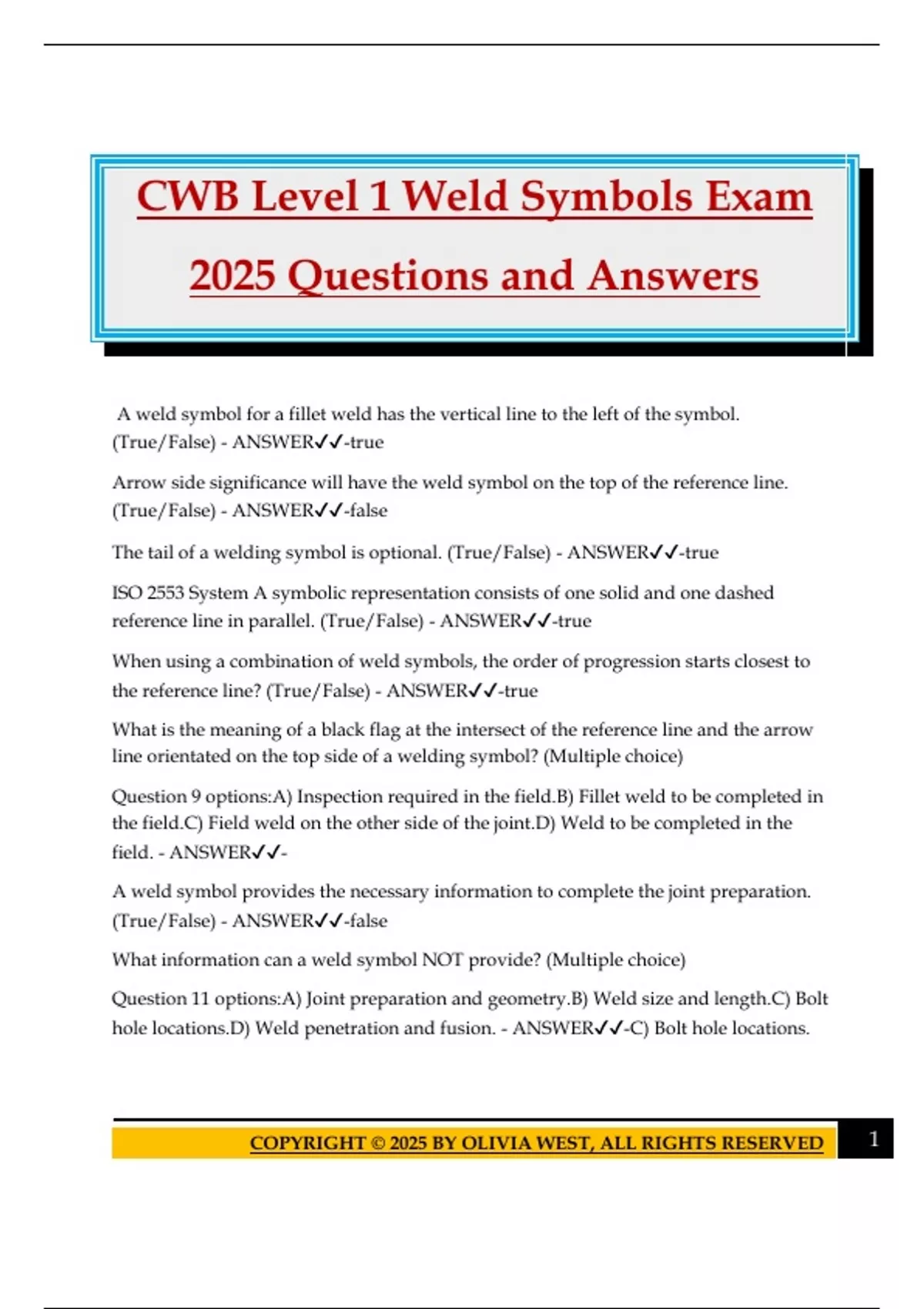 CWB Level 1 Weld Symbols Exam 2025 Questions and Answers - CWB Level 1 ...