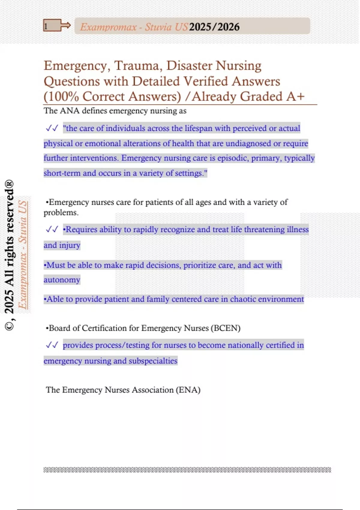 Emergency, Trauma, Disaster Nursing Questions with Detailed Verified ...