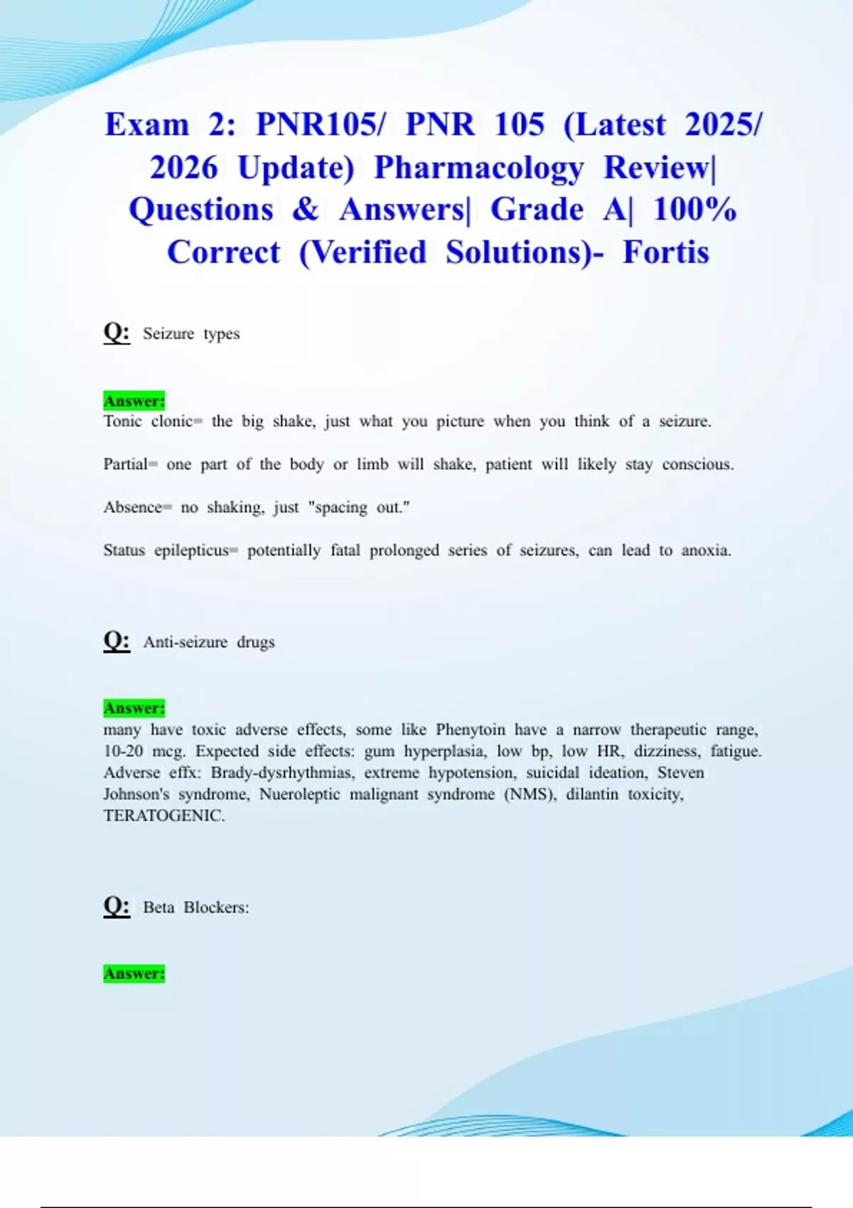 Exam 2: PNR105/ PNR 105 (Latest 2025/ 2026 Update) Pharmacology Review ...