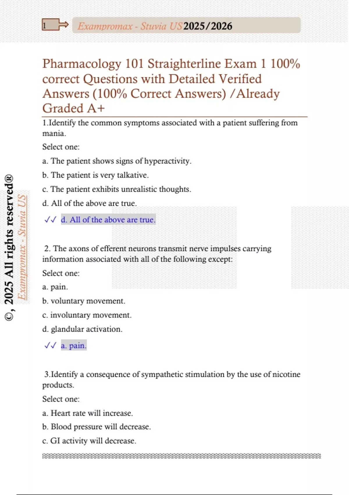 Pharmacology 101 Straighterline Exam 1 100% correct Questions with Detailed Verified Answers ...