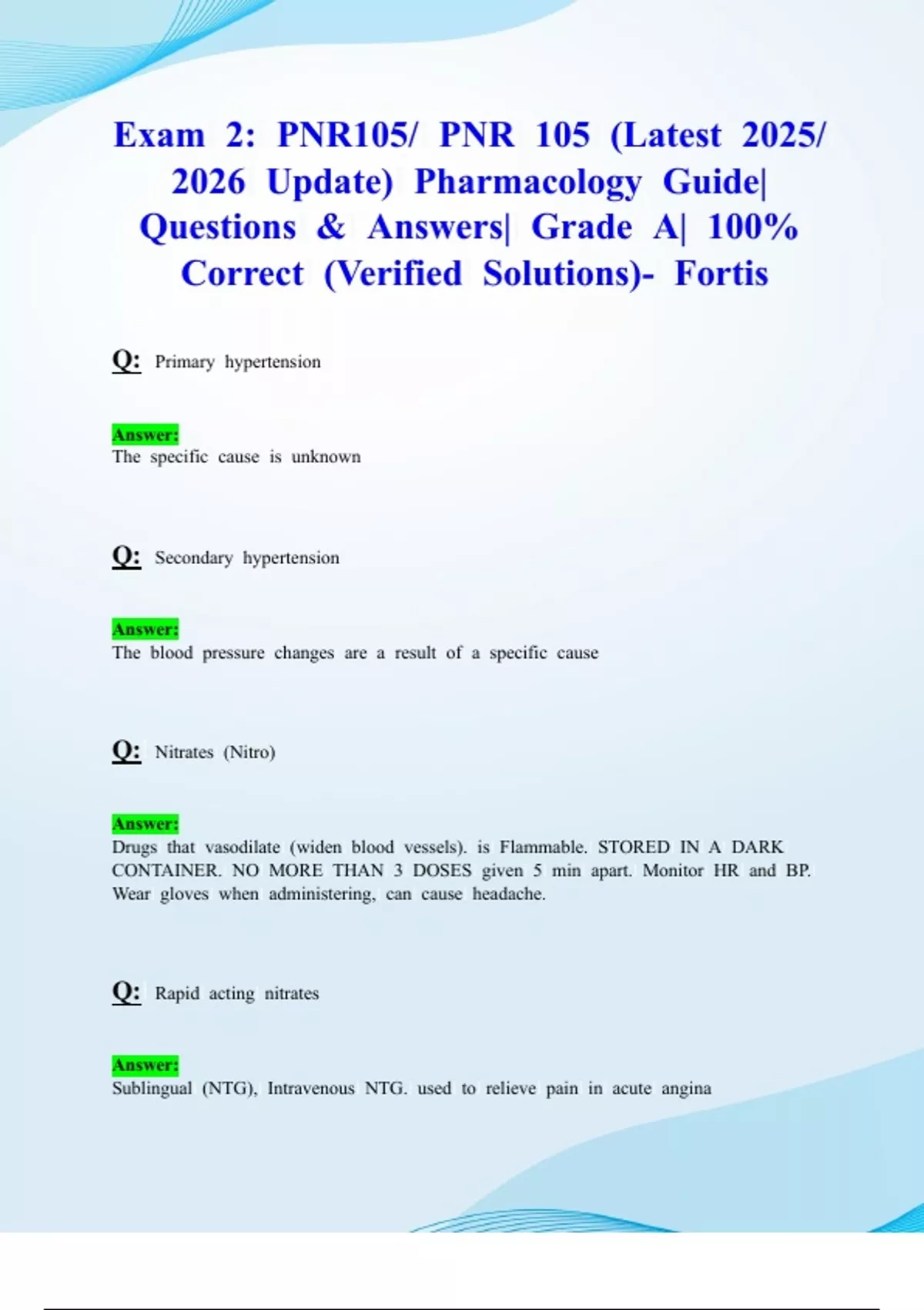 Exam 2: PNR105/ PNR 105 (Latest 2025/ 2026 Update) Pharmacology Guide ...