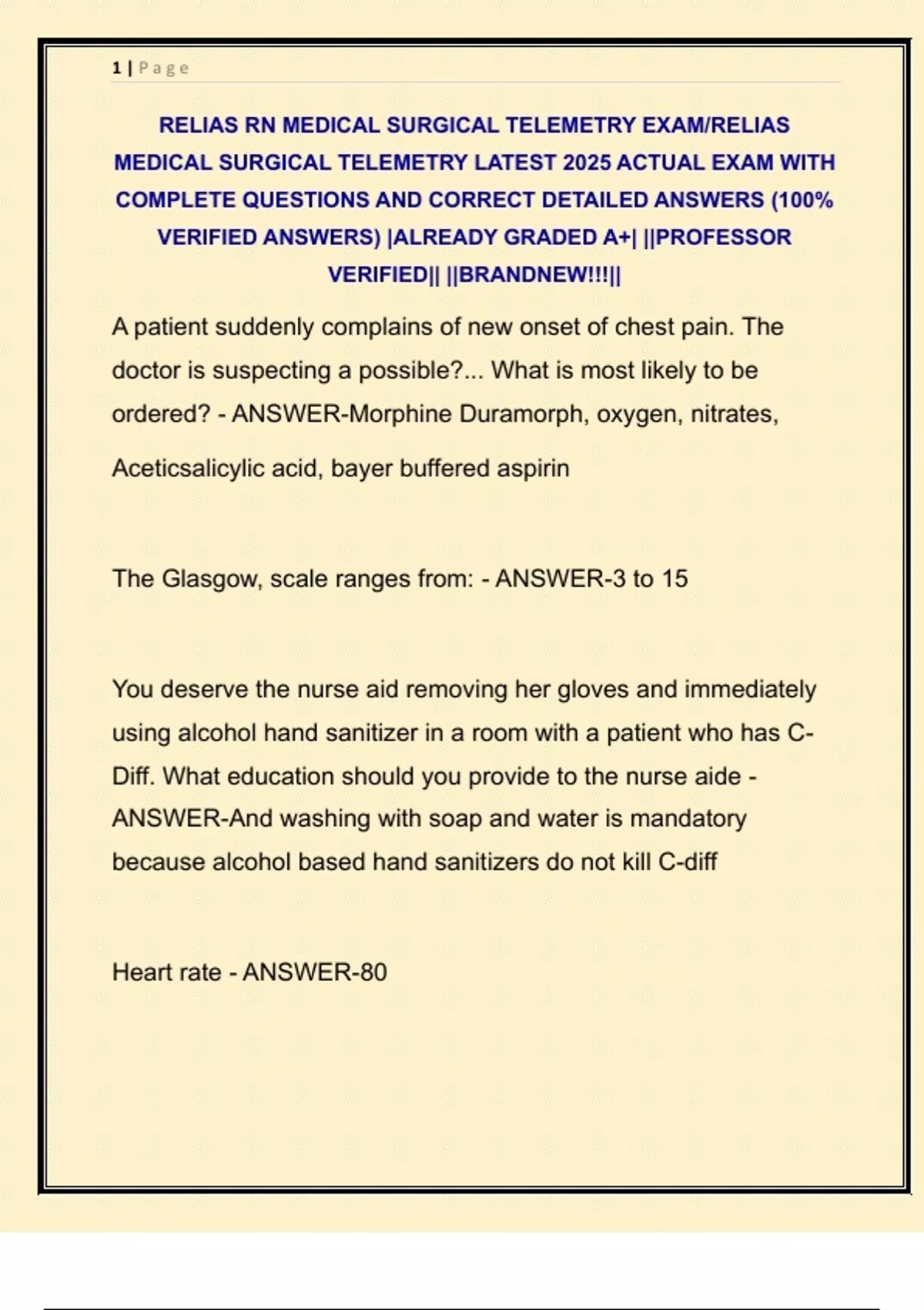 RELIAS RN MEDICAL SURGICAL TELEMETRY EXAM 2025 | COMPLETE QUESTIONS AND ...