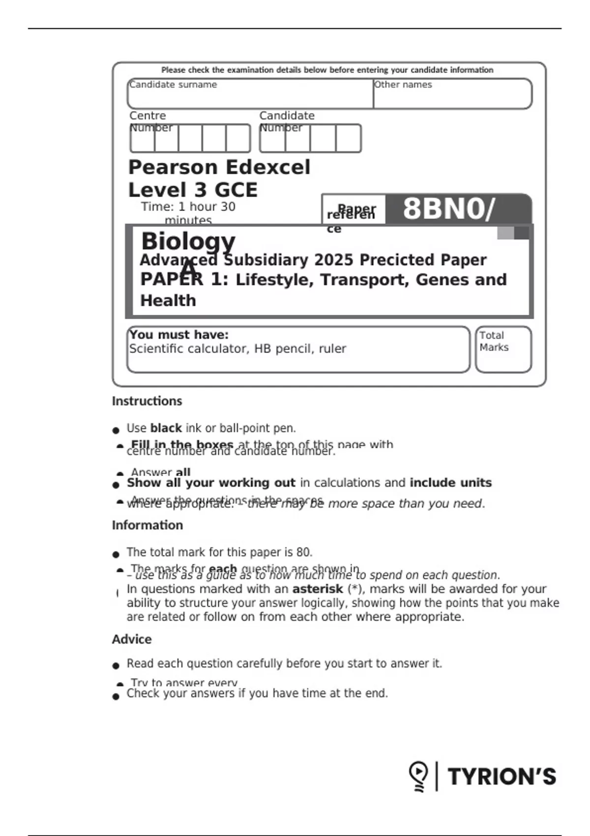 Edexcel AS Biology A Question Paper 1 2025 Predicted - GCSE and A Level ...