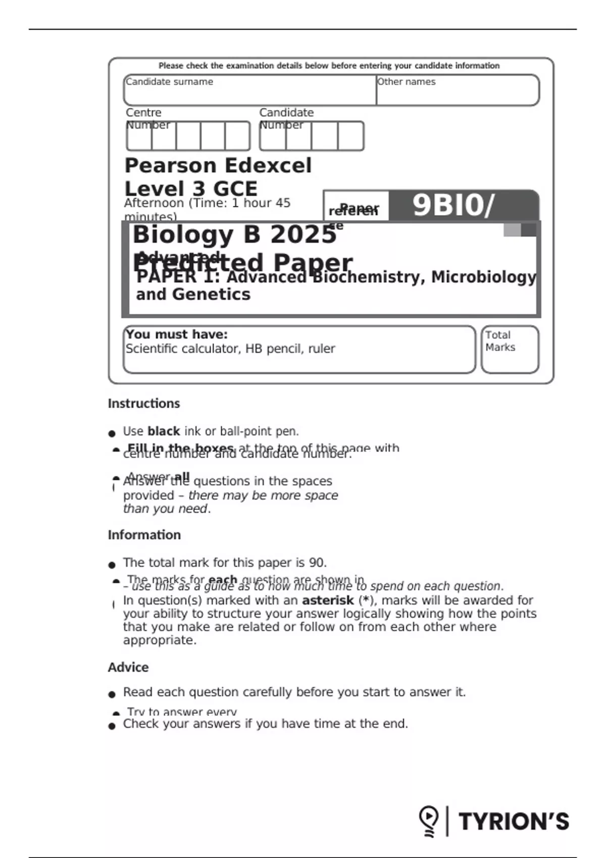 Edexcel AL Biology B Question Paper 1 2025 Predicted - GCSE and A Level ...