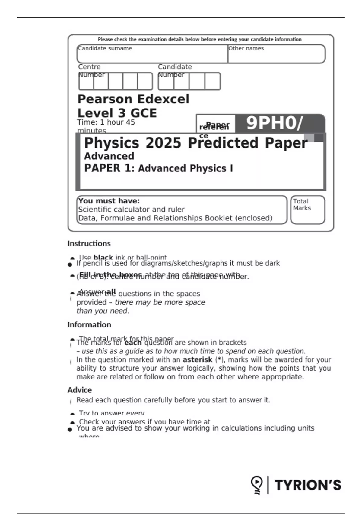Edexcel AL Physics Question Paper 1 2025 Predicted - GCSE and A Level ...